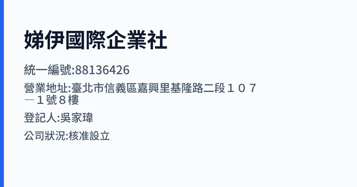 娣伊國際企業社 - 統編 88136426(臺北市) 公司登記資料與營業項目詳細圖表