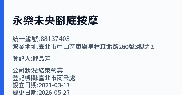永樂未央腳底按摩的照片-統編 88137403(臺北市) 公司登記資料與營業項目詳細圖表