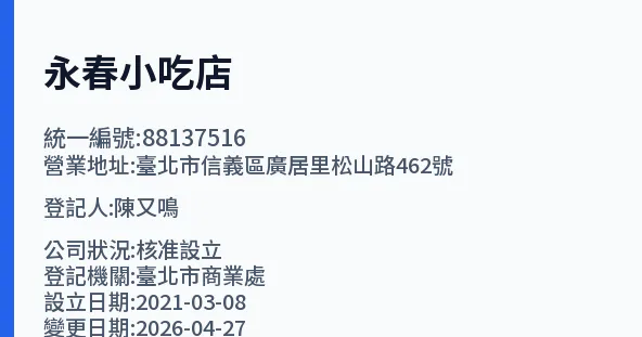 永春小吃店的照片-統編 88137516(臺北市) 公司登記資料與營業項目詳細圖表