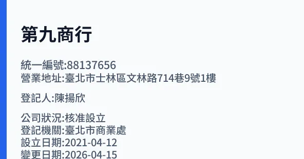第九商行的照片-統編 88137656(臺北市) 公司登記資料與營業項目詳細圖表