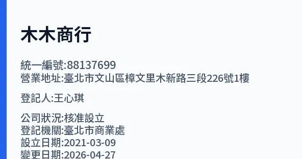 木木商行的照片-統編 88137699(臺北市) 公司登記資料與營業項目詳細圖表