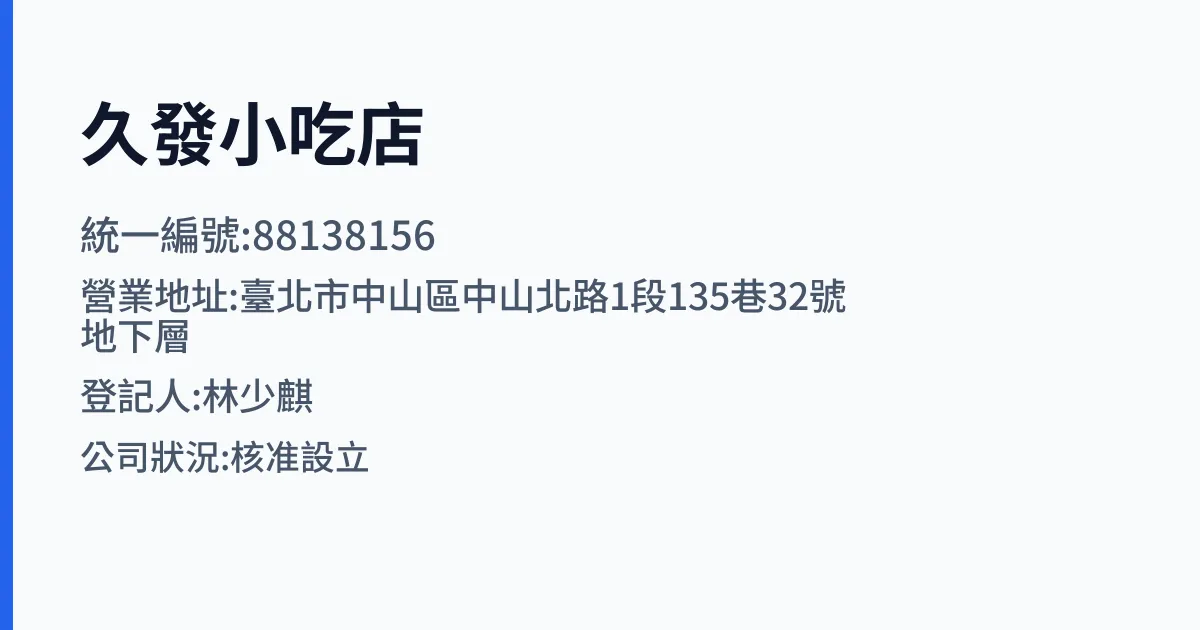 久發小吃店 - 統編 88138156(臺北市) 公司登記資料與營業項目詳細圖表