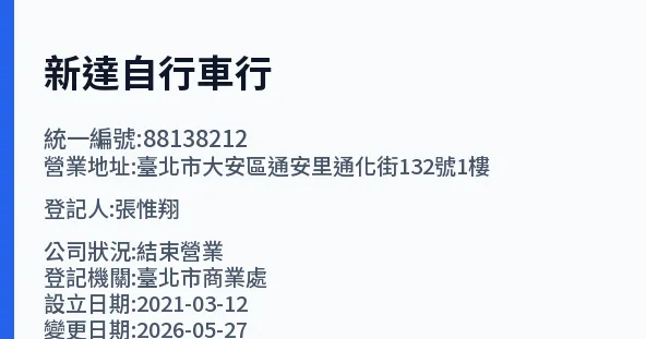 新達自行車行的照片-統編 88138212(臺北市) 公司登記資料與營業項目詳細圖表