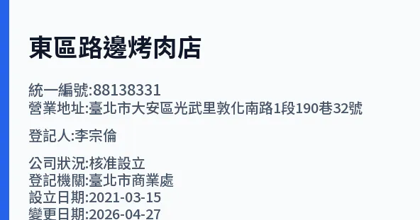 東區路邊烤肉店的照片-統編 88138331(臺北市) 公司登記資料與營業項目詳細圖表