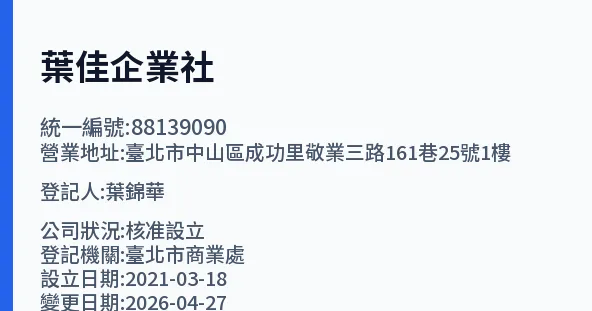葉佳企業社的照片-統編 88139090(臺北市) 公司登記資料與營業項目詳細圖表