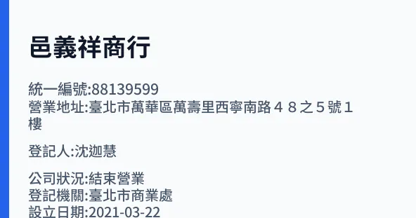 邑義祥商行的照片-統編 88139599(臺北市) 公司登記資料與營業項目詳細圖表