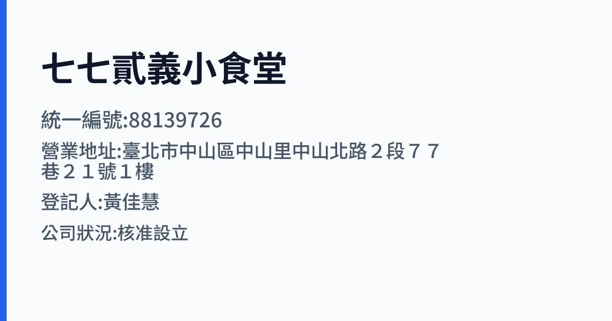七七貳義小食堂 - 統編 88139726(臺北市) 公司登記資料與營業項目詳細圖表