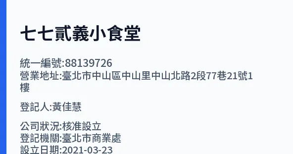 七七貳義小食堂的照片-統編 88139726(臺北市) 公司登記資料與營業項目詳細圖表