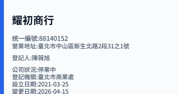 耀初商行的照片-統編 88140152(臺北市) 公司登記資料與營業項目詳細圖表