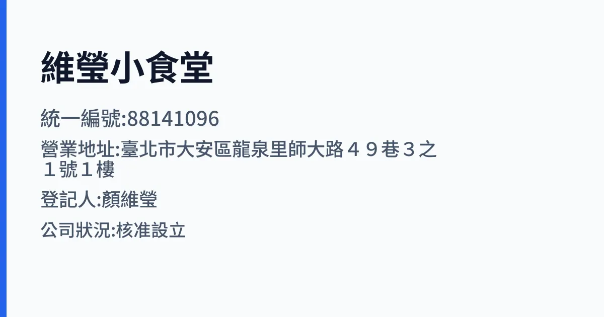 維瑩小食堂 - 統編 88141096(臺北市) 公司登記資料與營業項目詳細圖表