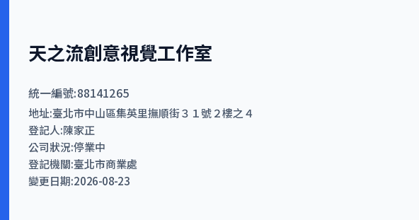天之流創意視覺工作室的照片-統編 88141265(臺北市) 公司登記資料與營業項目詳細圖表