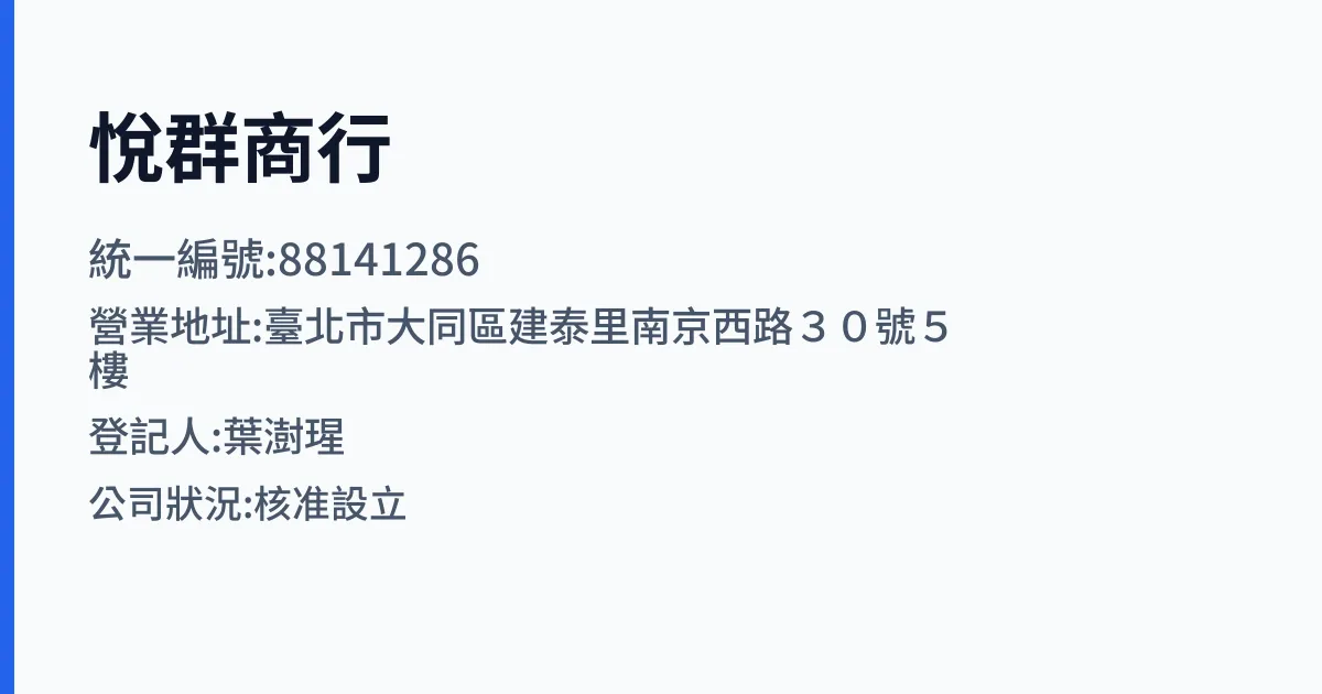 悅群商行 - 統編 88141286(臺北市) 公司登記資料與營業項目詳細圖表