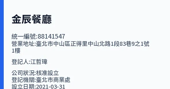 金辰餐廳的照片-統編 88141547(臺北市) 公司登記資料與營業項目詳細圖表