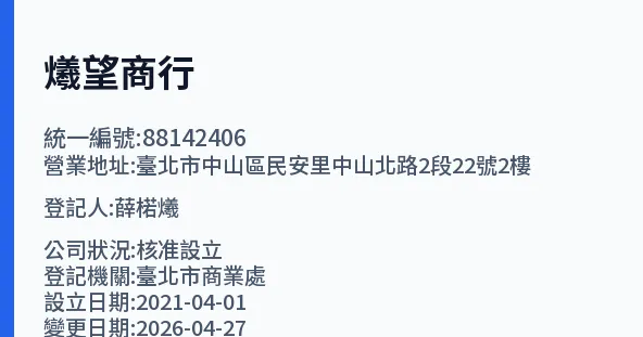 爔望商行的照片-統編 88142406(臺北市) 公司登記資料與營業項目詳細圖表