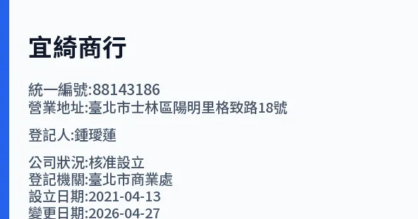 宜綺商行的照片-統編 88143186(臺北市) 公司登記資料與營業項目詳細圖表
