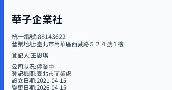 華子企業社的照片-統編 88143622(臺北市) 公司登記資料與營業項目詳細圖表