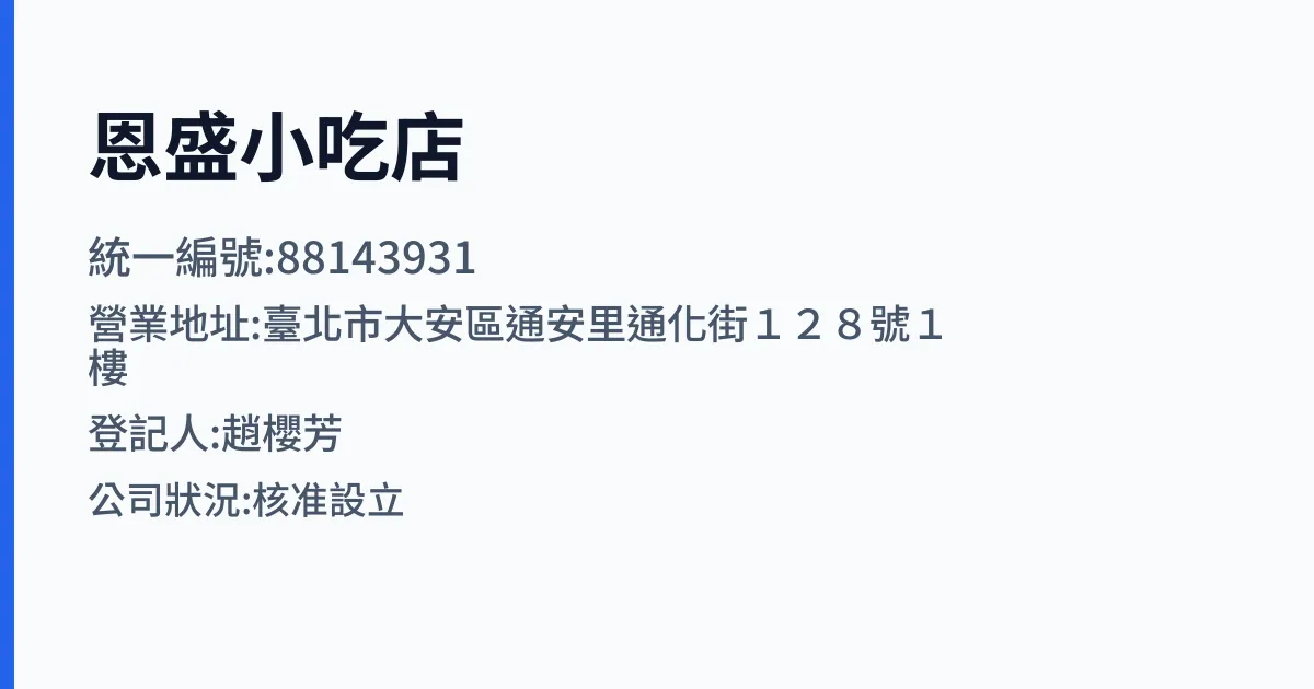 恩盛小吃店 - 統編 88143931(臺北市) 公司登記資料與營業項目詳細圖表