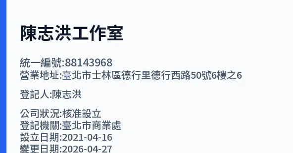 陳志洪工作室的照片-統編 88143968(臺北市) 公司登記資料與營業項目詳細圖表
