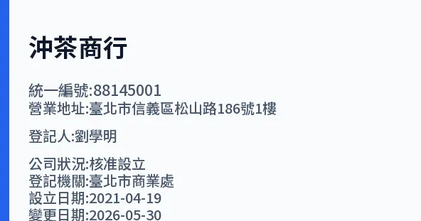 沖茶商行的照片-統編 88145001(臺北市) 公司登記資料與營業項目詳細圖表