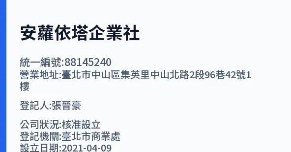 安蘿依塔企業社的照片-統編 88145240(臺北市) 公司登記資料與營業項目詳細圖表