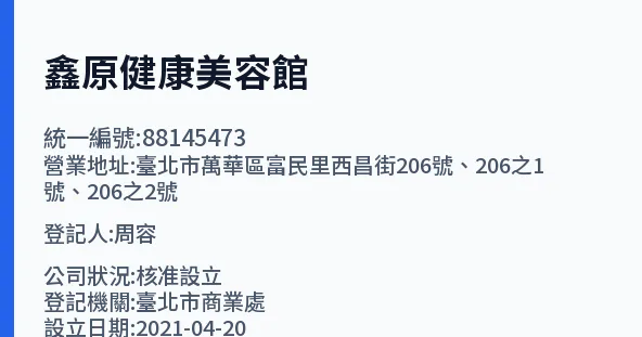 鑫原健康美容館的照片-統編 88145473(臺北市) 公司登記資料與營業項目詳細圖表