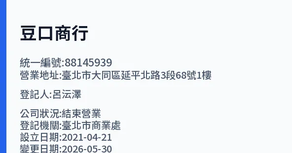 豆口商行的照片-統編 88145939(臺北市) 公司登記資料與營業項目詳細圖表