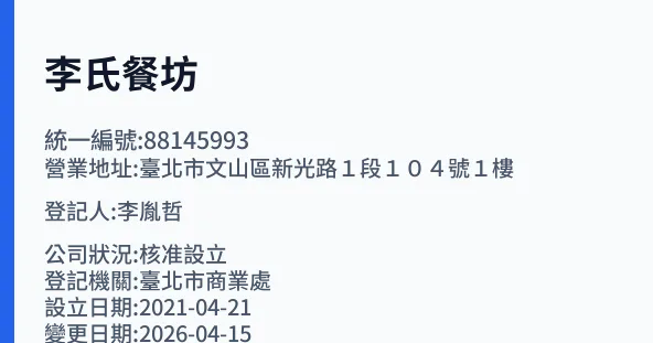 李氏餐坊的照片-統編 88145993(臺北市) 公司登記資料與營業項目詳細圖表