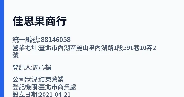 佳思果商行的照片-統編 88146058(臺北市) 公司登記資料與營業項目詳細圖表