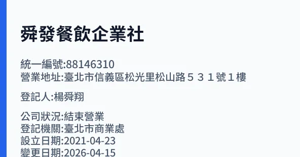 舜發餐飲企業社的照片-統編 88146310(臺北市) 公司登記資料與營業項目詳細圖表
