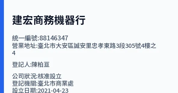 建宏商務機器行的照片-統編 88146347(臺北市) 公司登記資料與營業項目詳細圖表