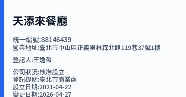 天添來餐廳的照片-統編 88146439(臺北市) 公司登記資料與營業項目詳細圖表