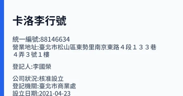 卡洛李行號的照片-統編 88146634(臺北市) 公司登記資料與營業項目詳細圖表