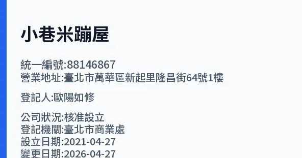 小巷米蹦屋的照片-統編 88146867(臺北市) 公司登記資料與營業項目詳細圖表