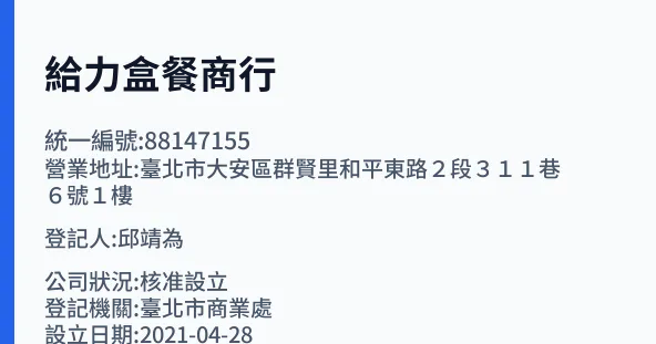 給力盒餐商行的照片-統編 88147155(臺北市) 公司登記資料與營業項目詳細圖表