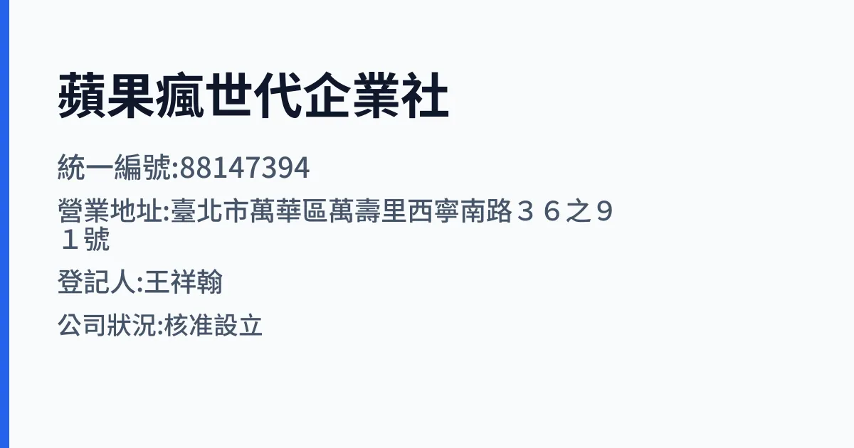 蘋果瘋世代企業社 - 統編 88147394(臺北市) 公司登記資料與營業項目詳細圖表