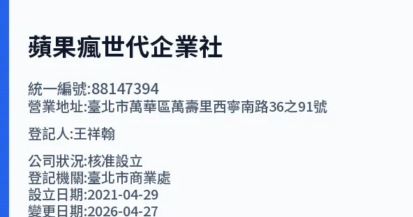 蘋果瘋世代企業社的照片-統編 88147394(臺北市) 公司登記資料與營業項目詳細圖表