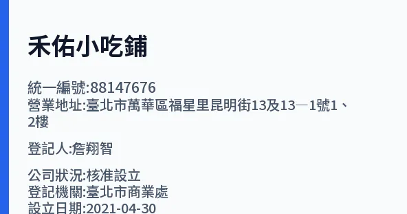 禾佑小吃鋪的照片-統編 88147676(臺北市) 公司登記資料與營業項目詳細圖表