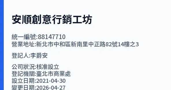 安順創意行銷工坊的照片-統編 88147710(新北市) 公司登記資料與營業項目詳細圖表