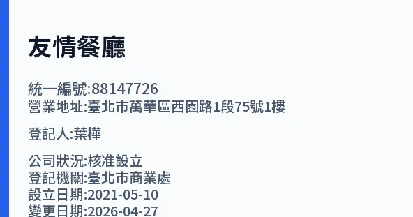 友情餐廳的照片-統編 88147726(臺北市) 公司登記資料與營業項目詳細圖表