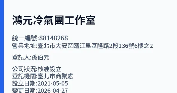 鴻元冷氣團工作室的照片-統編 88148268(臺北市) 公司登記資料與營業項目詳細圖表