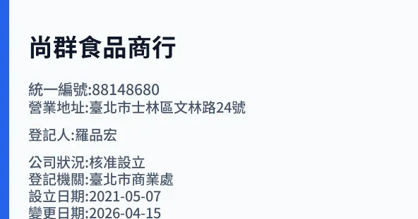 尚群食品商行的照片-統編 88148680(臺北市) 公司登記資料與營業項目詳細圖表