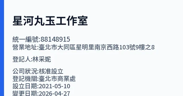 星河丸玉工作室的照片-統編 88148915(臺北市) 公司登記資料與營業項目詳細圖表