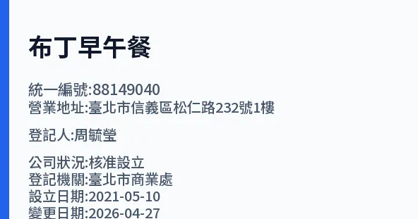 布丁早午餐的照片-統編 88149040(臺北市) 公司登記資料與營業項目詳細圖表