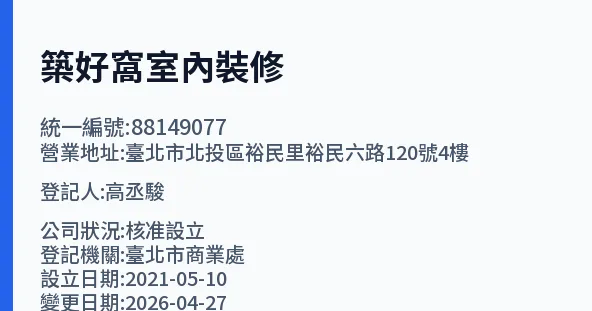 築好窩室內裝修的照片-統編 88149077(臺北市) 公司登記資料與營業項目詳細圖表