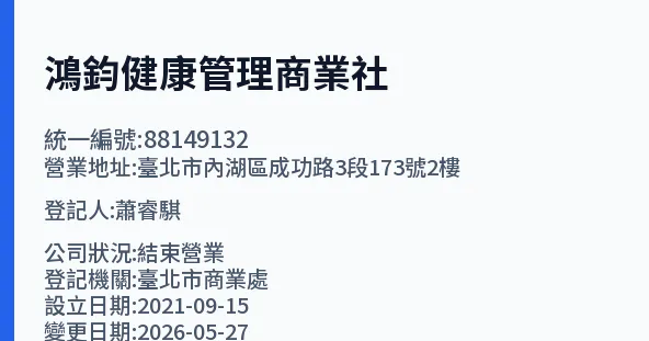 鴻鈞健康管理商業社的照片-統編 88149132(臺北市) 公司登記資料與營業項目詳細圖表