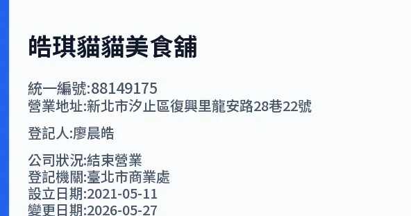 皓琪貓貓美食舖的照片-統編 88149175(新北市) 公司登記資料與營業項目詳細圖表