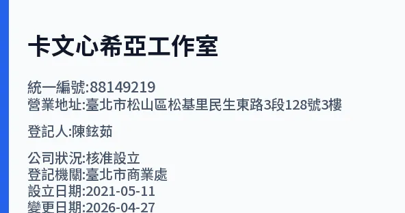 卡文心希亞工作室的照片-統編 88149219(臺北市) 公司登記資料與營業項目詳細圖表