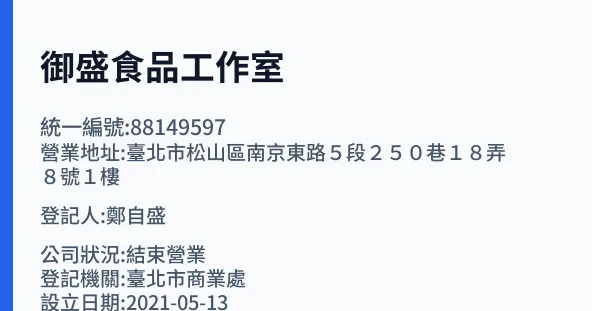 御盛食品工作室的照片-統編 88149597(臺北市) 公司登記資料與營業項目詳細圖表