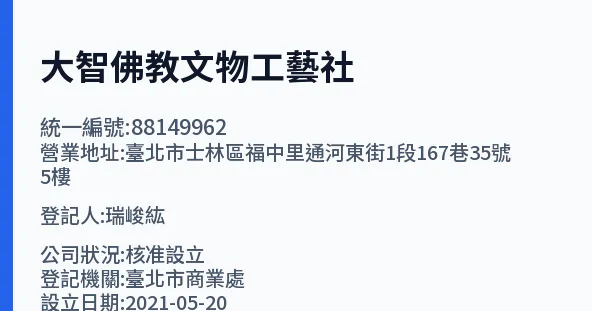 大智佛教文物工藝社的照片-統編 88149962(臺北市) 公司登記資料與營業項目詳細圖表