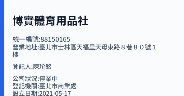 博實體育用品社的照片-統編 88150165(臺北市) 公司登記資料與營業項目詳細圖表